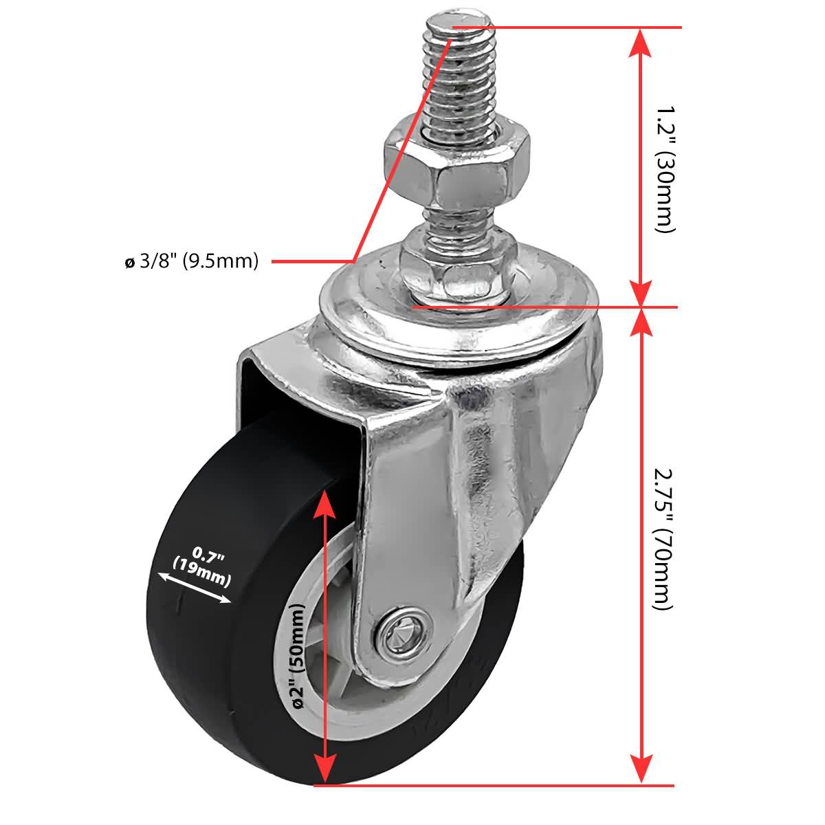 4 Pack 2 inch Black PU Swivel Stem Caster No Brake - Factor Duty
