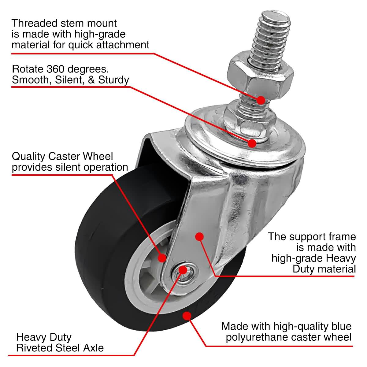 4 Pack 2 inch Black PU Swivel Stem Caster No Brake - Factor Duty